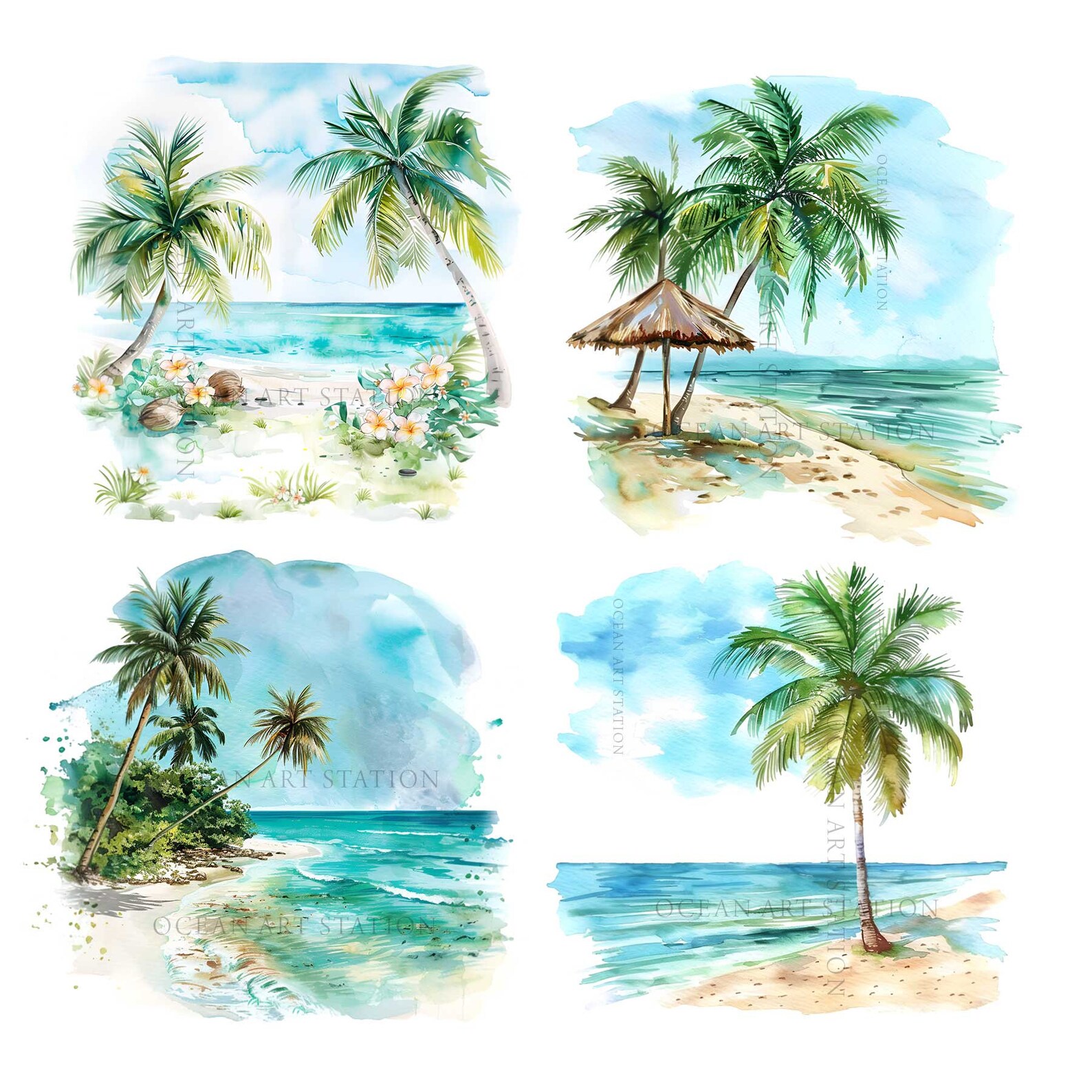 Tropical Beach Clipart, Palm Trees Clipart Watercolor, Palm Beach ...