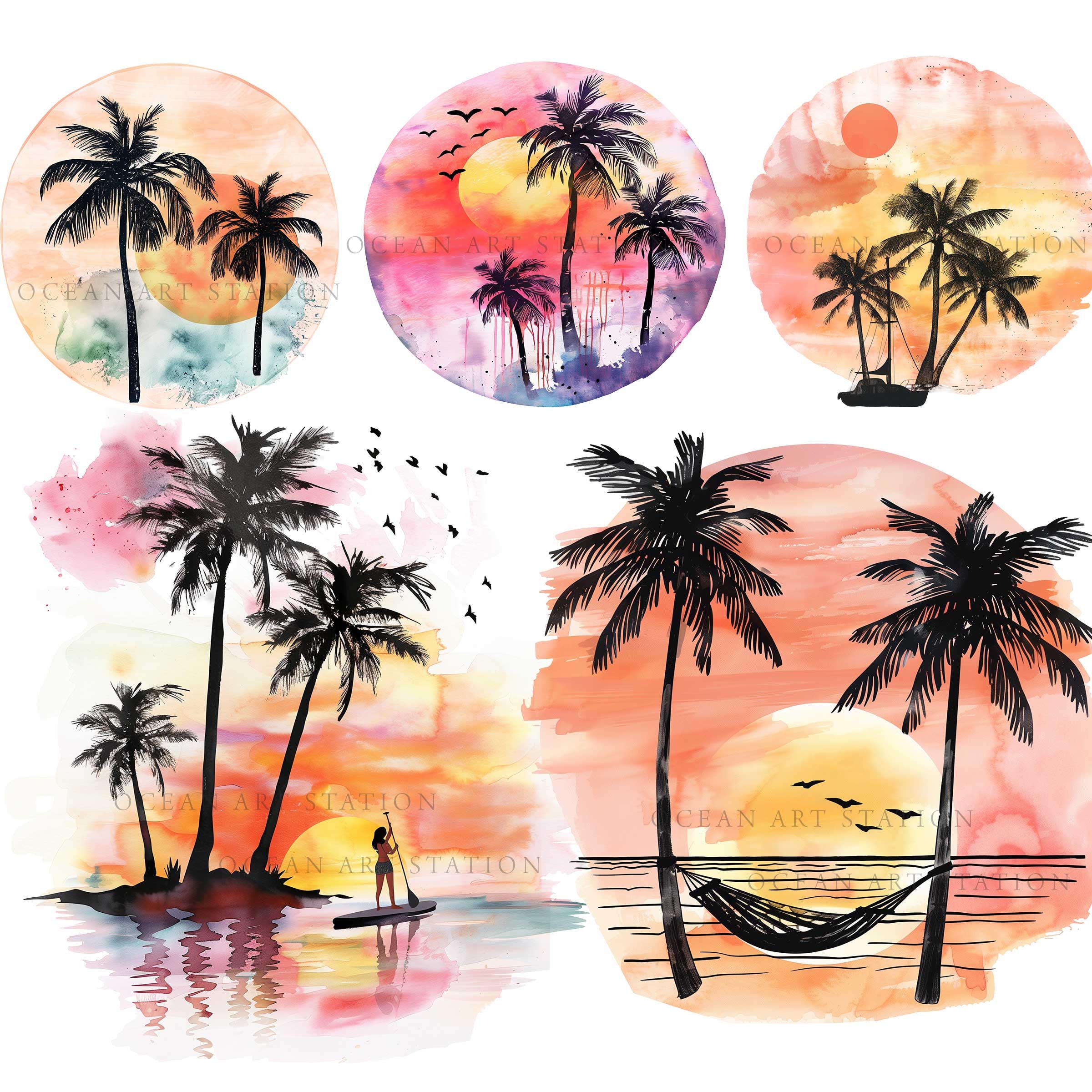 Tropical Sunset Clipart, Tropical Beach Clipart, Exotic Island Beach ...