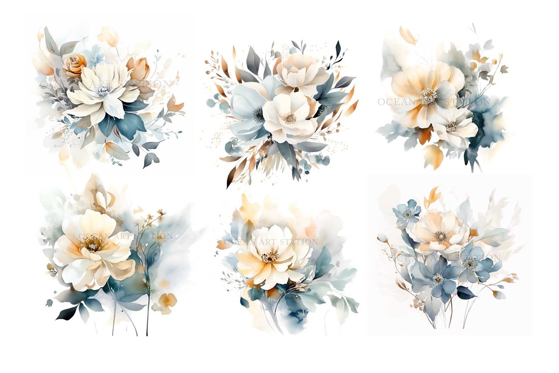Blue Floral Bouquets Clipart, Watercolor Bouquets, Wedding Flower ...