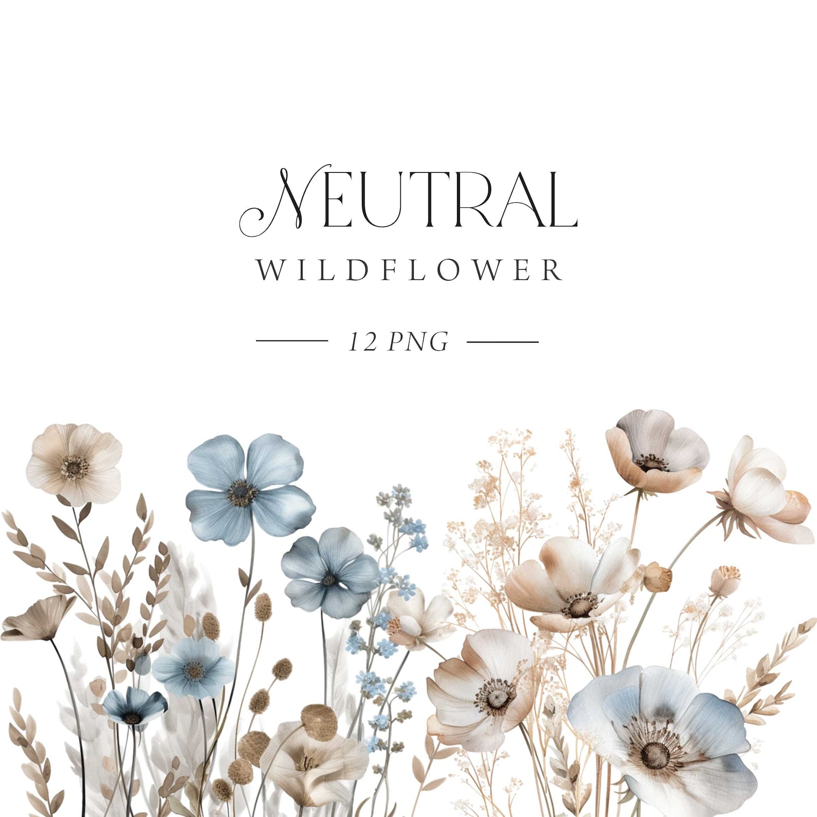 Neutral Wildflowers Clipart, Boho Flowers Clipart, Wildflowers ...