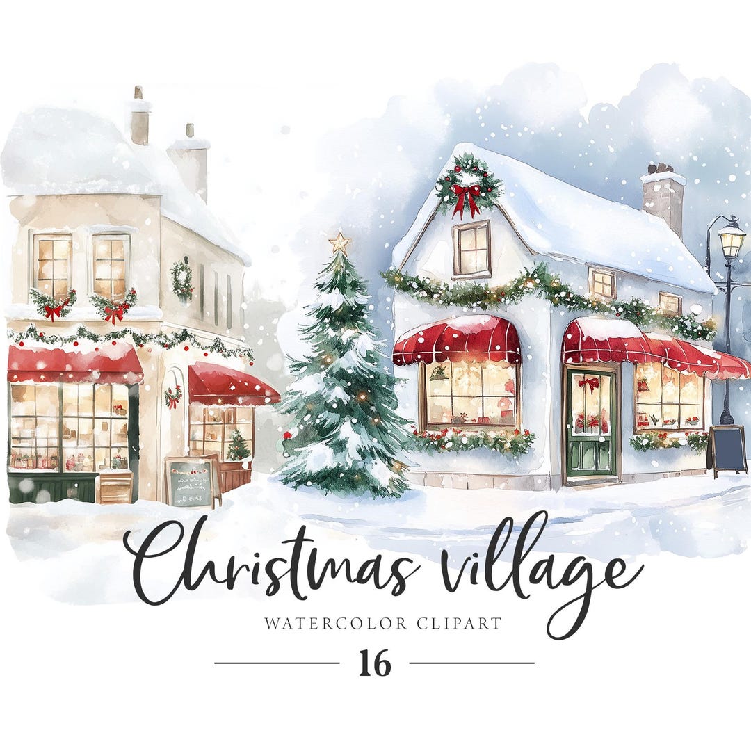 Christmas Houses Clipart, Christmas Village Watercolor, Commercial Use ...