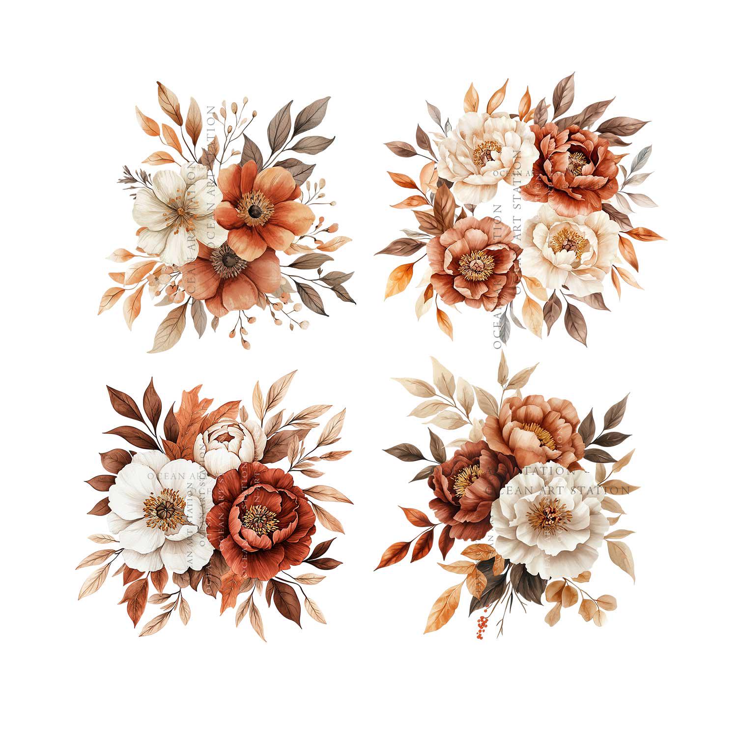 Terracotta Flowers Clipart, Terracotta Bouquets, Boho Fall Flowers ...