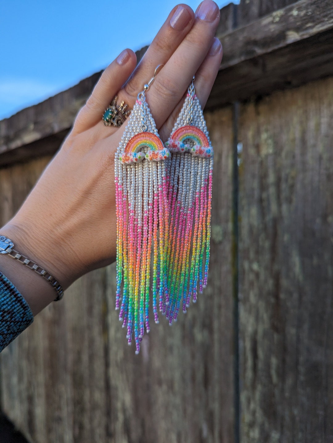 Neon Rainbow Charm Earrings Beaded Fringe Earrings Handwoven Seed Bead ...