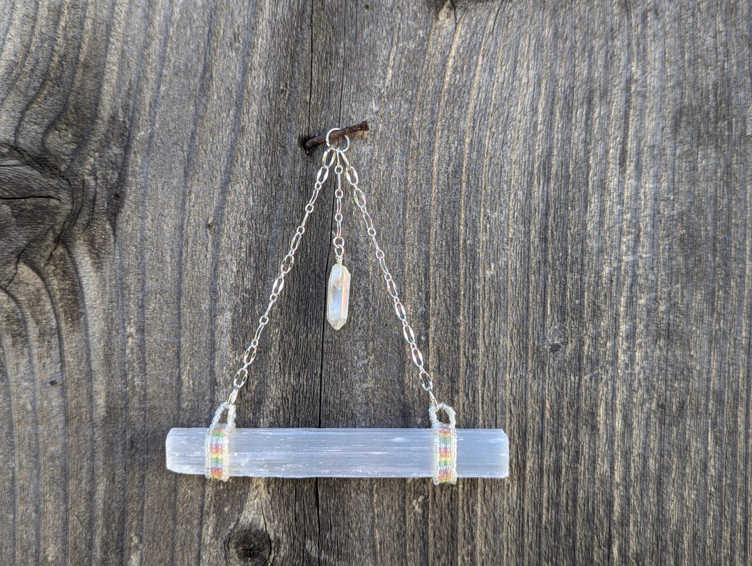 Selenite Wall Hanging: Beaded Crystal Decor With Aura Quartz - Etsy