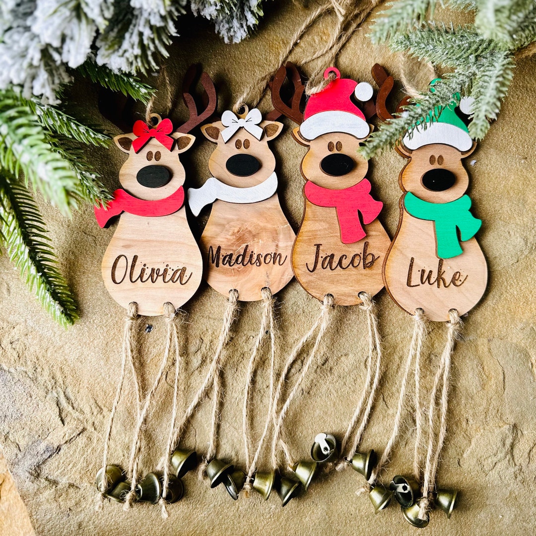 Personalized Reindeer Christmas Ornament: Engraved Wood With Bells - Etsy