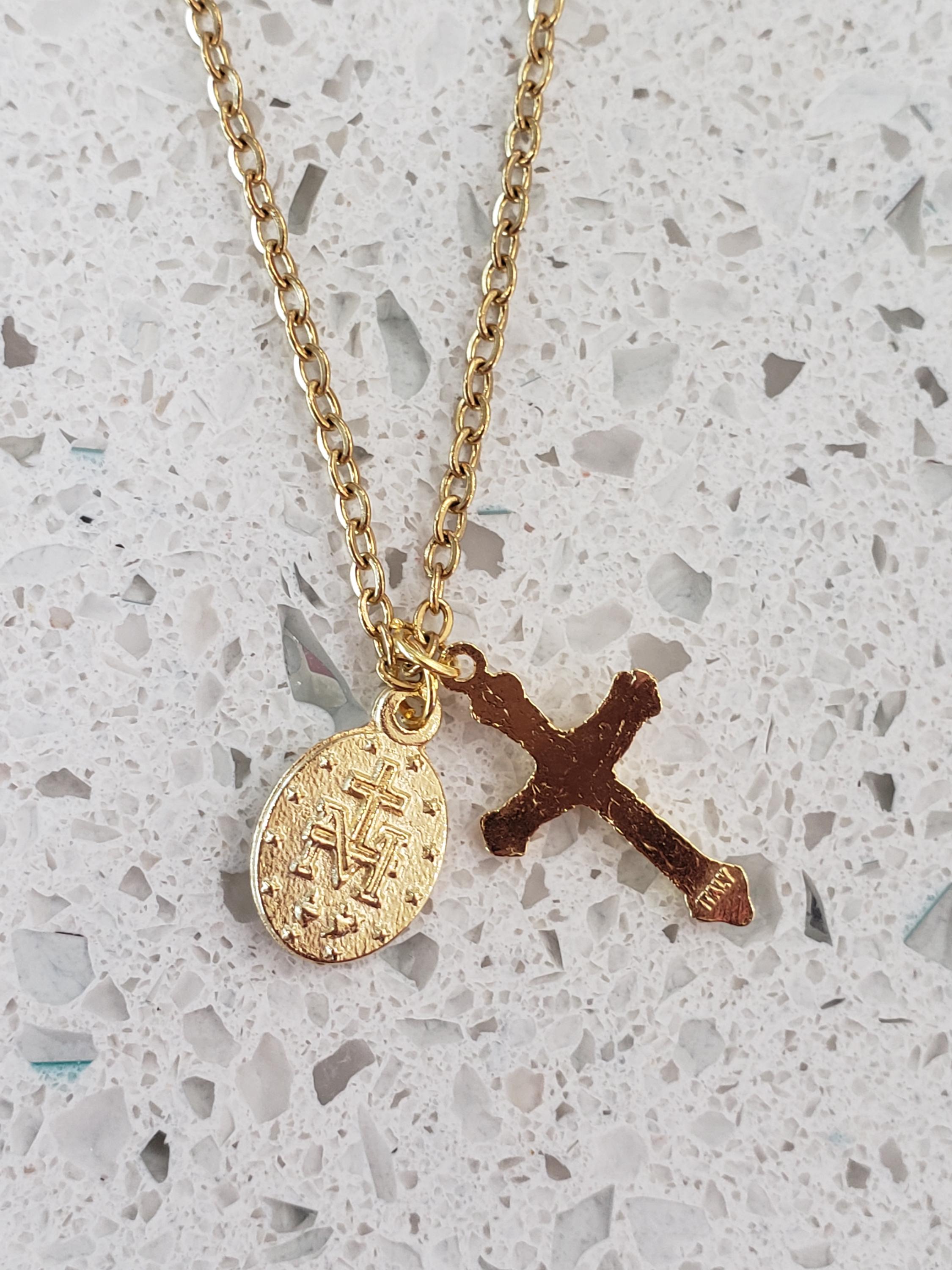 SET: Crucifix and Miraculous Medal Necklace, Dainty Catholic Necklace ...