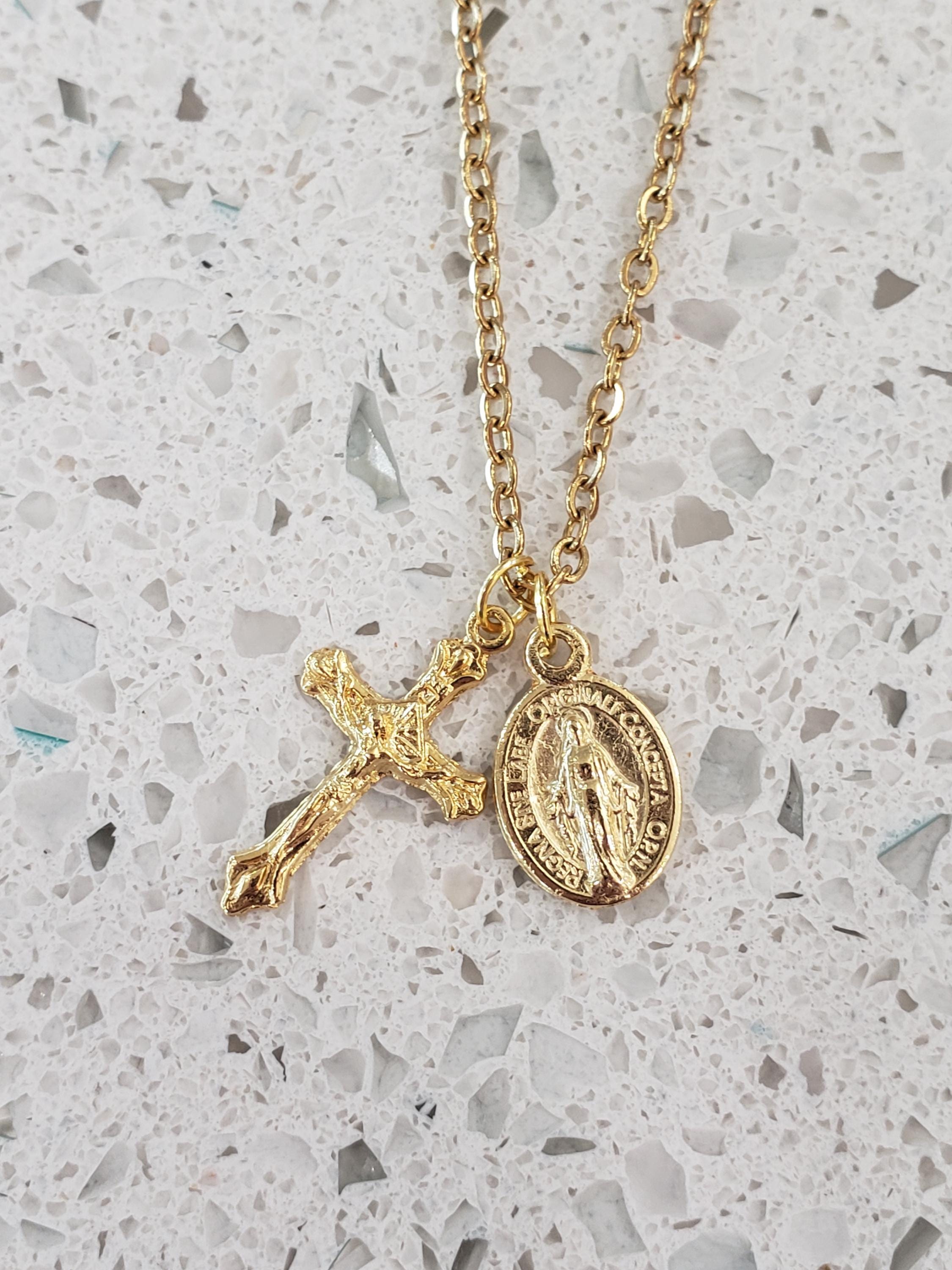 SET: Crucifix and Miraculous Medal Necklace, Dainty Catholic Necklace ...