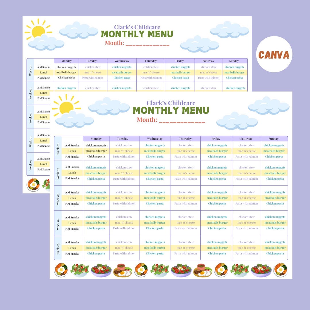 Daycare Monthly Menu Template | Editable Meal Planner for Kids | Kids ...