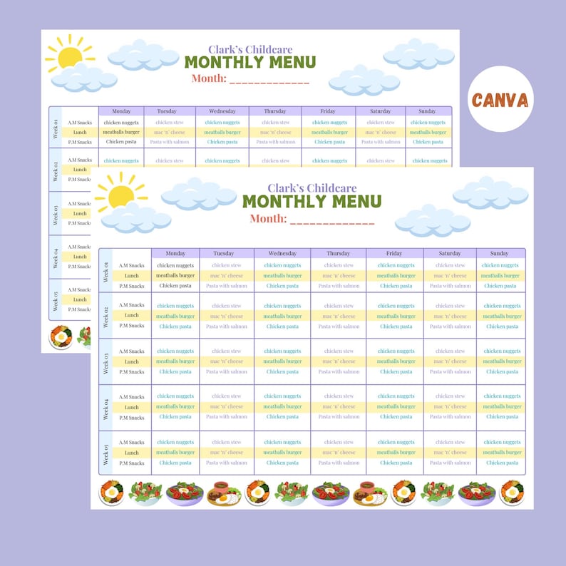 Daycare Monthly Menu Template | Editable Meal Planner for Kids | Kids ...
