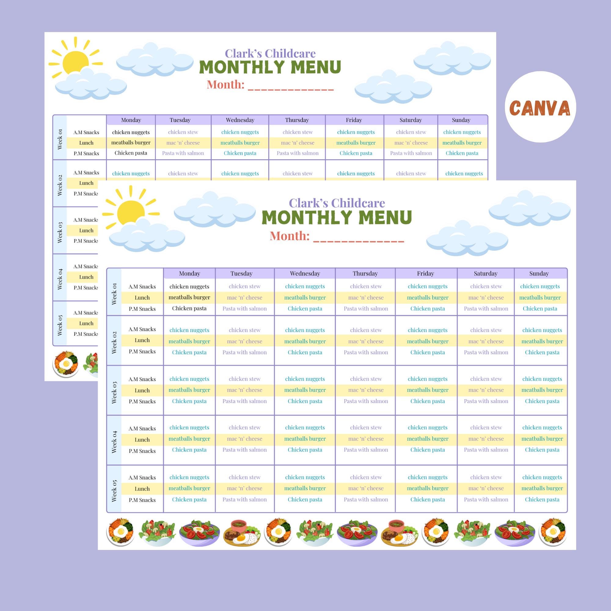 Daycare Monthly Menu Template | Editable Meal Planner for Kids | Kids ...