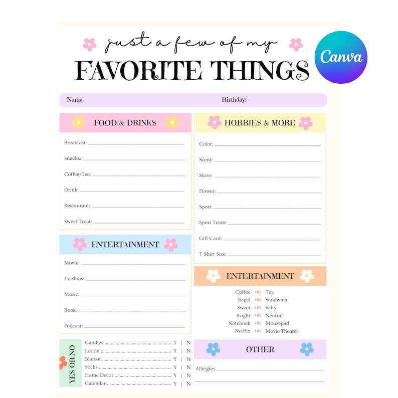 Favorite Things Canva | Favorite Things Worksheet | My Favorite Things ...