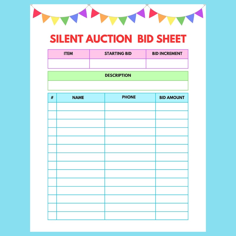 Silent Auction Flyer | Silent Auction Bid Sheet | Printable Silent ...
