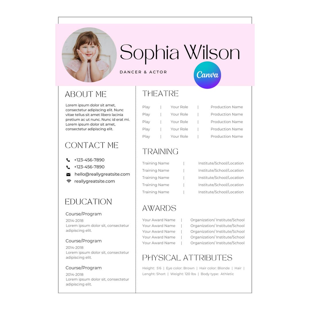 Child Actor Resume Template | Child Acting Resume Template | Child ...