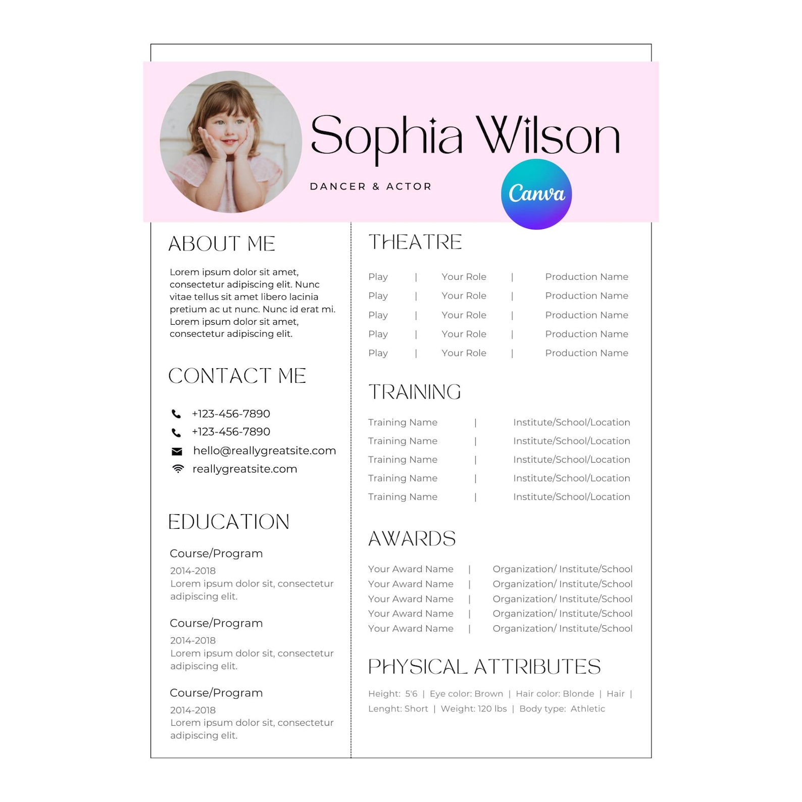 Child Actor Resume Template | Child Acting Resume Template | Child ...