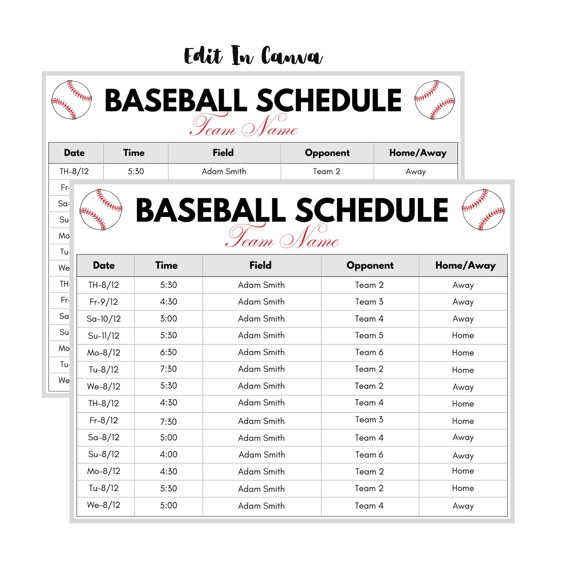 Baseball Schedule Template | Editable Canva Game Schedule | Printable ...