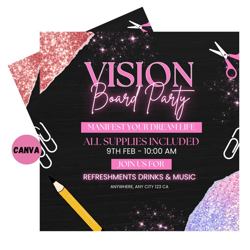 Vision Board Party Flyer | Editable Canva Template | Manifesting Event ...