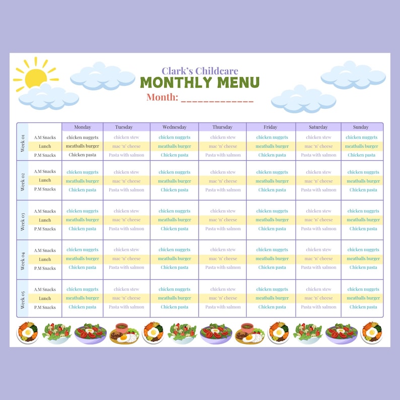 Daycare Monthly Menu Template | Editable Meal Planner for Kids | Kids ...