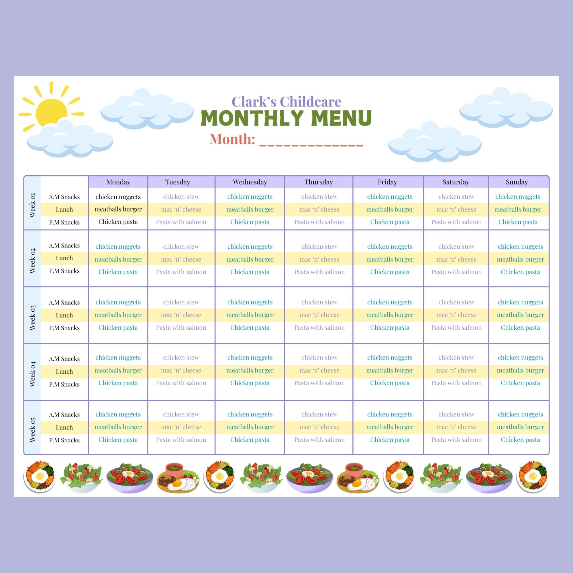 Daycare Monthly Menu Template | Editable Meal Planner for Kids | Kids Menu Ideas | Editable ...