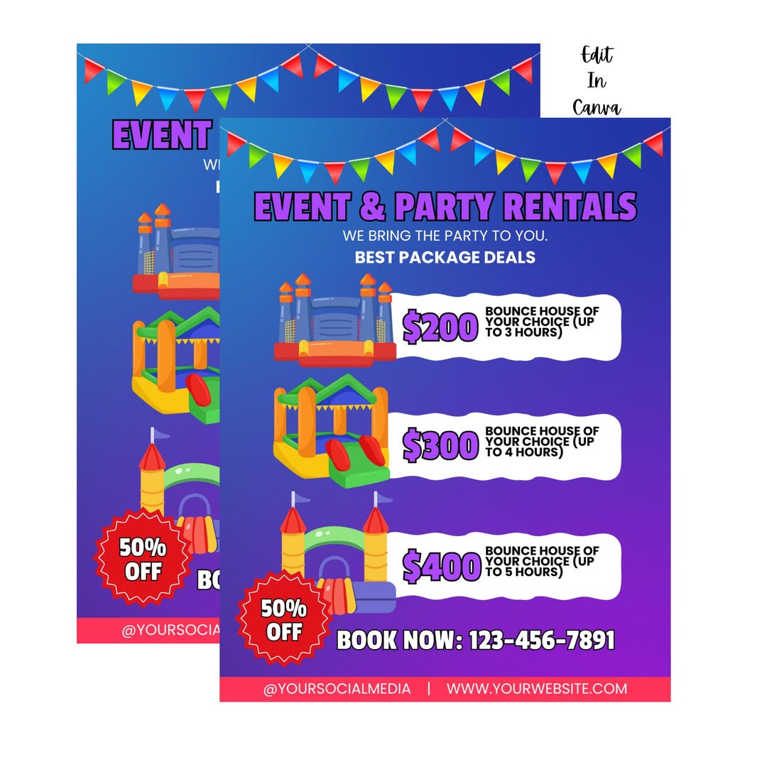 Bounce House and Party Rentals Flyer | Editable Kids Party Template ...