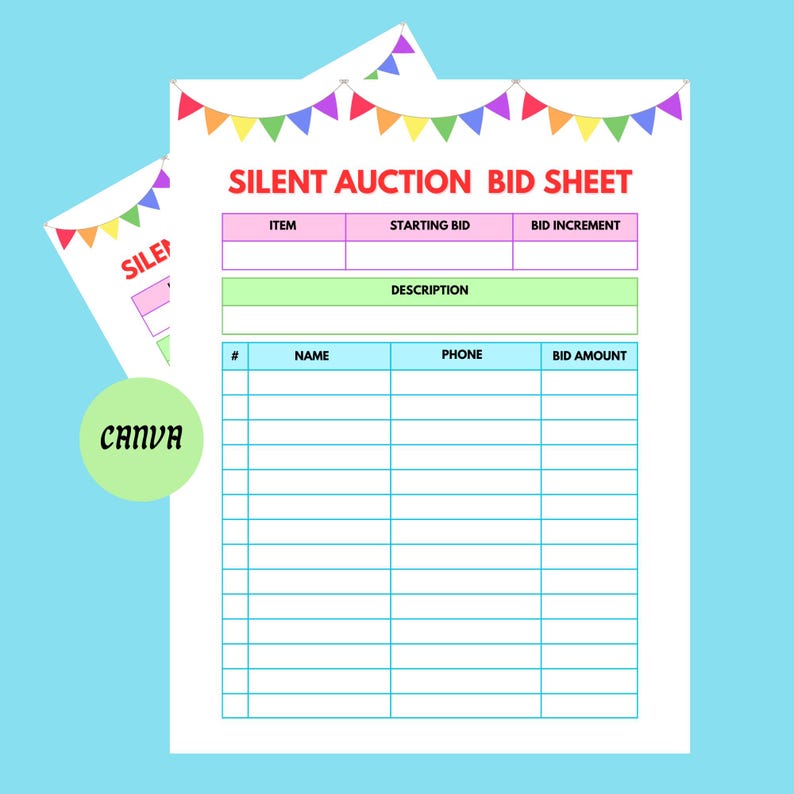 Silent Auction Flyer | Silent Auction Bid Sheet | Printable Silent ...