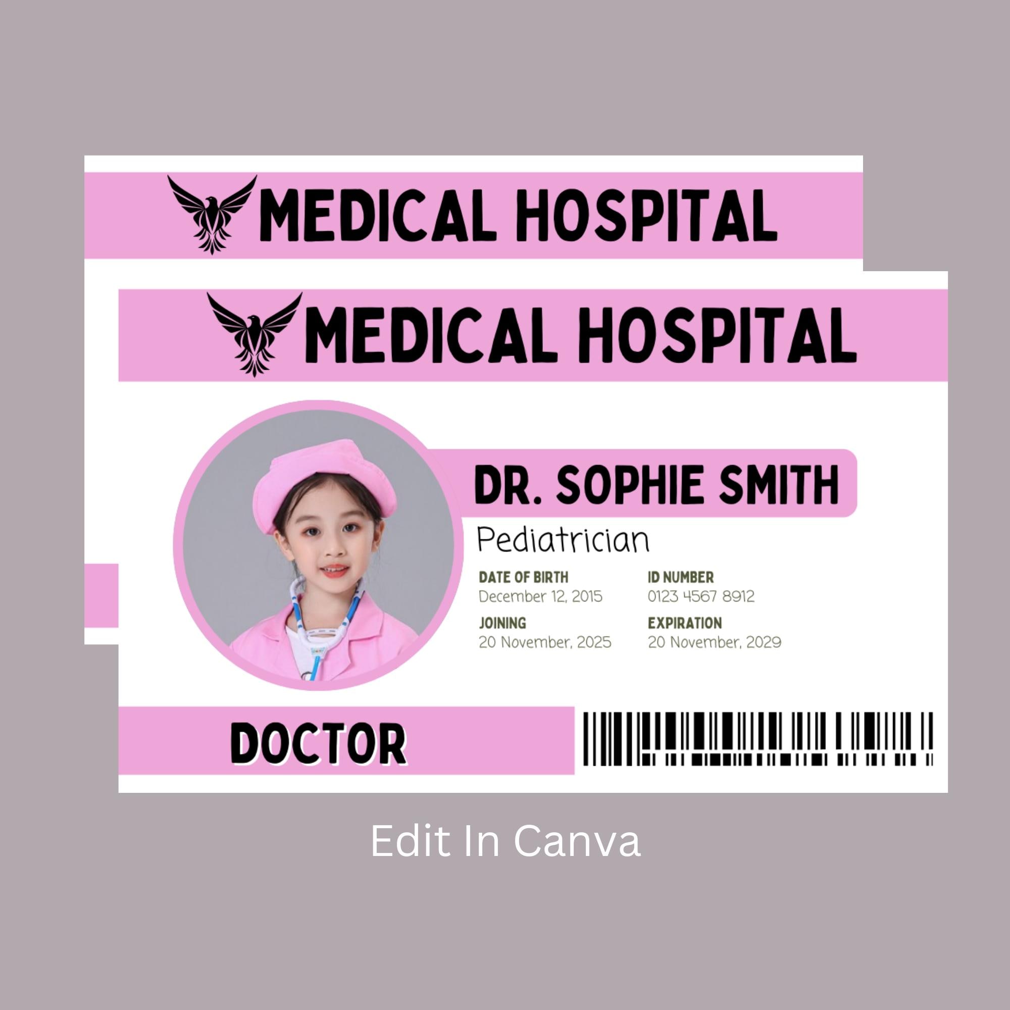 Doctor ID Badge Template | Editable Kids Medical Badge | Fun Pretend ...
