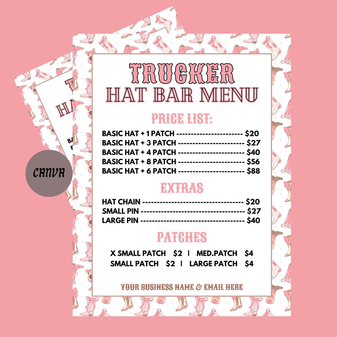 Hat Bar Price Template | Trucker Hat Bar Price List Template | Hat Bar ...