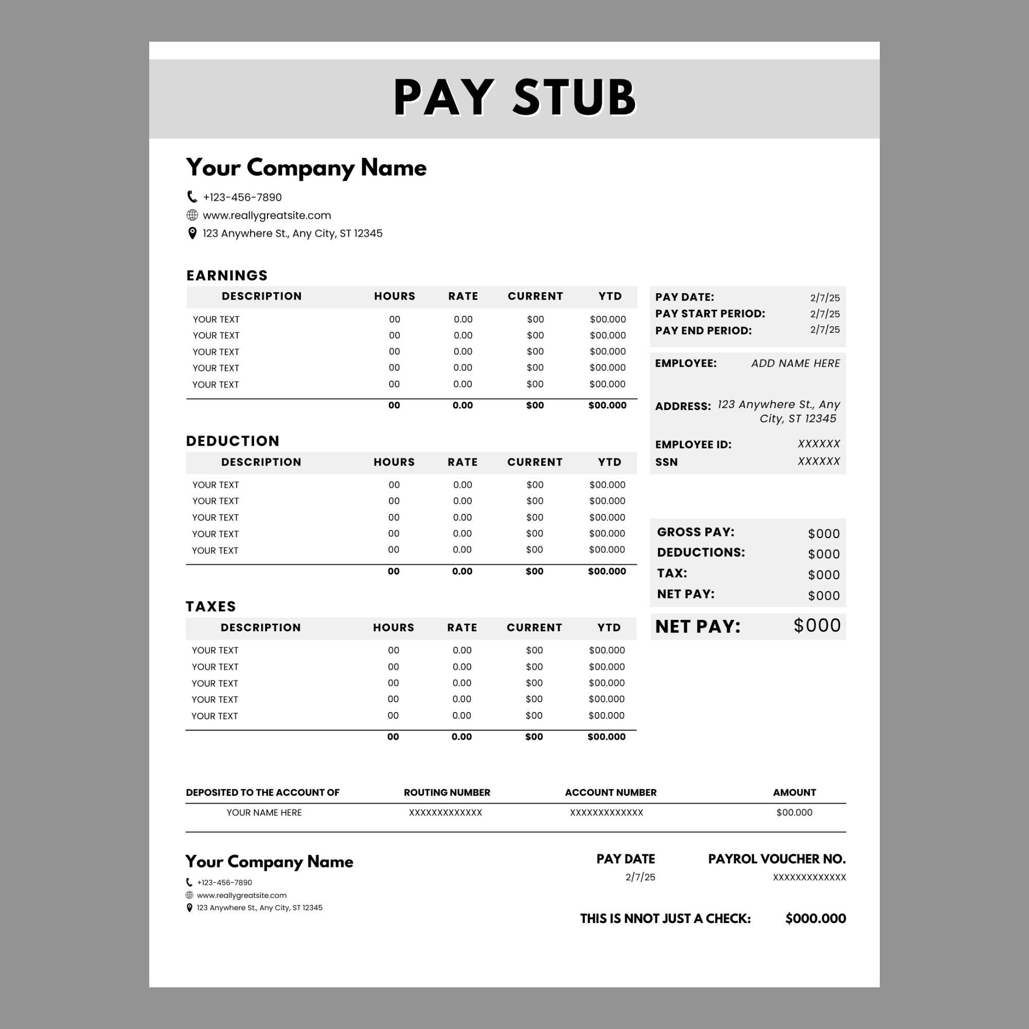 Paycheck Stub Template Pay Stub Template Editable Pay Stub Earnings ...