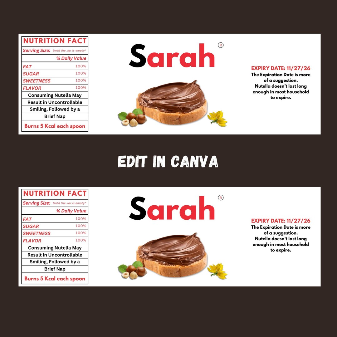 Nutella Labels Template Personalized Nutella Labels Editable Nutella ...