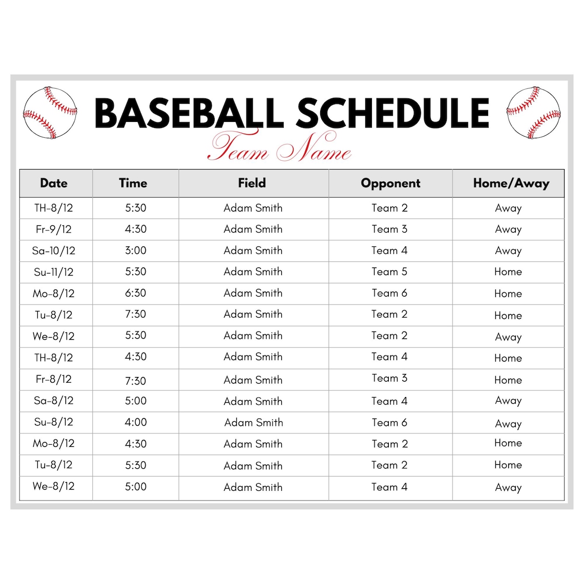 Baseball Schedule Template | Editable Canva Game Schedule | Printable ...