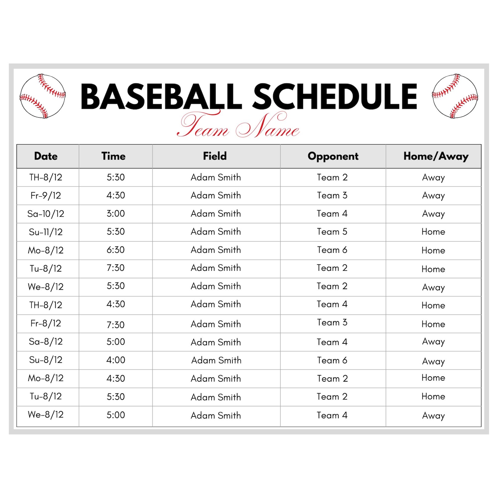 Baseball Schedule Template | Editable Canva Game Schedule | Printable ...