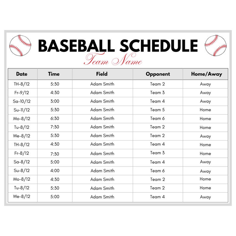 Baseball Schedule Template | Editable Canva Game Schedule | Printable ...