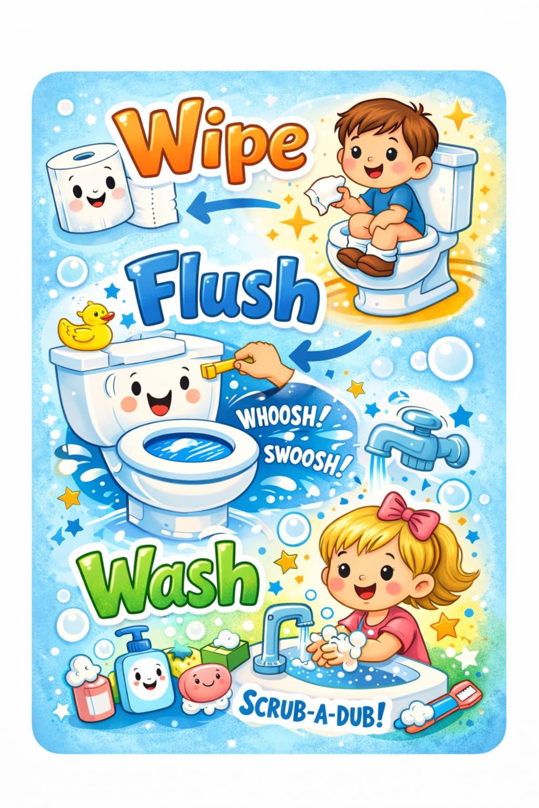 Kids Bathroom Routine Printable | Wipe Flush Wash Sign | Potty Training ...