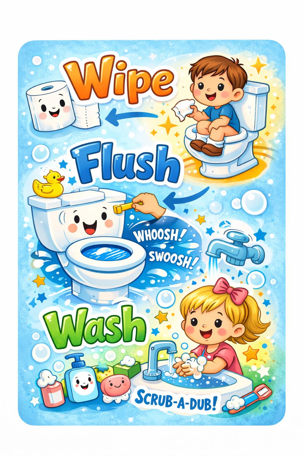Kids Bathroom Routine Printable | Wipe Flush Wash Sign | Potty Training ...