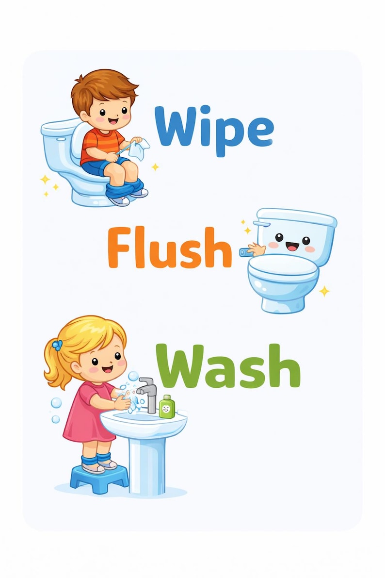 Kids Bathroom Routine Printable | Wipe Flush Wash Sign | Potty Training ...