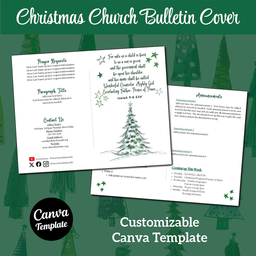 Christmas Tree Church Bulletin Cover Instant Download Canva Template Bi ...