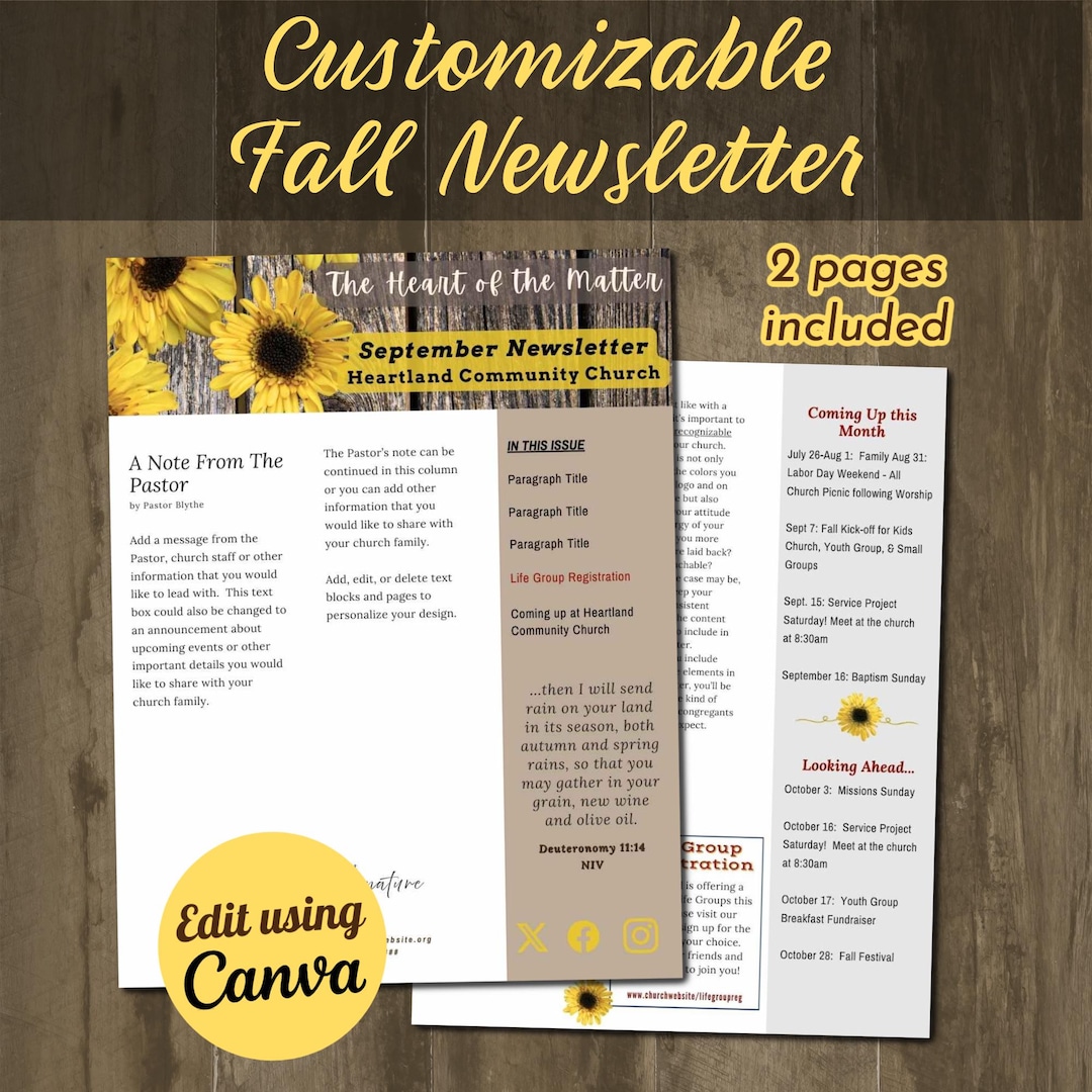 Autumn Newsletter Template: Sunflower Design for Church, School ...