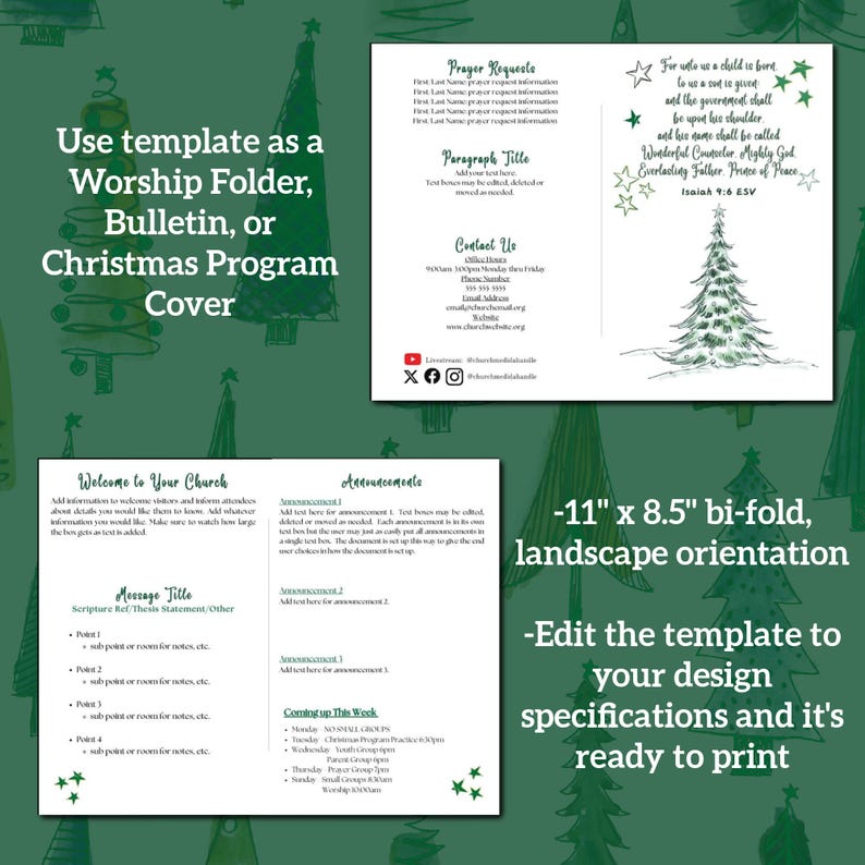 Christmas Tree Church Bulletin Cover Instant Download Canva Template Bi ...