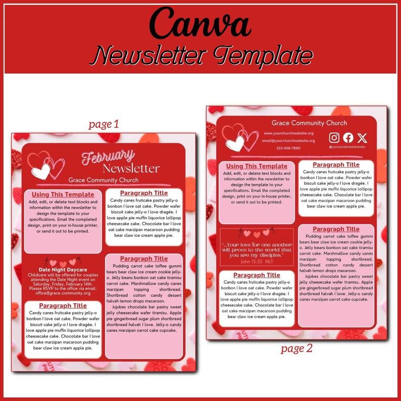 February Newsletter Template: Church & Business, Customizable Valentine ...