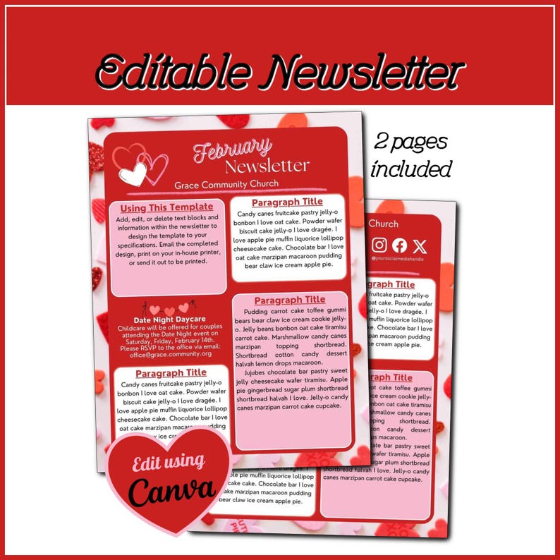 February Newsletter Template: Church & Business, Customizable Valentine ...
