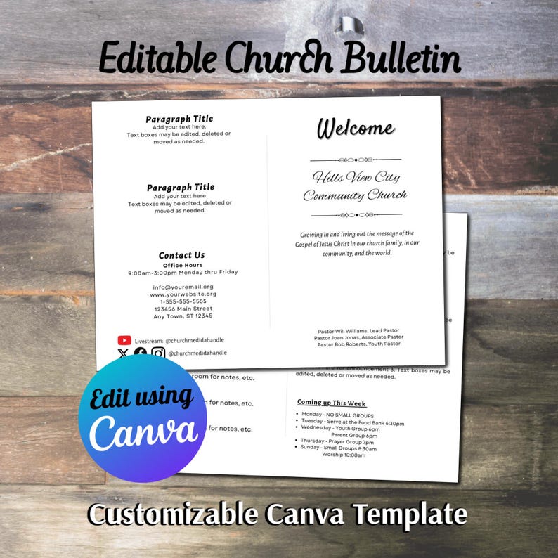 Welcome Church Bulletin Template: Bi-fold Canva Design (11x8.5" Instant ...
