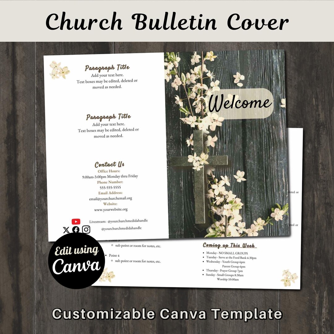 Floral Cross Church Bulletin Template: Customizable Canva Design (11x8 ...