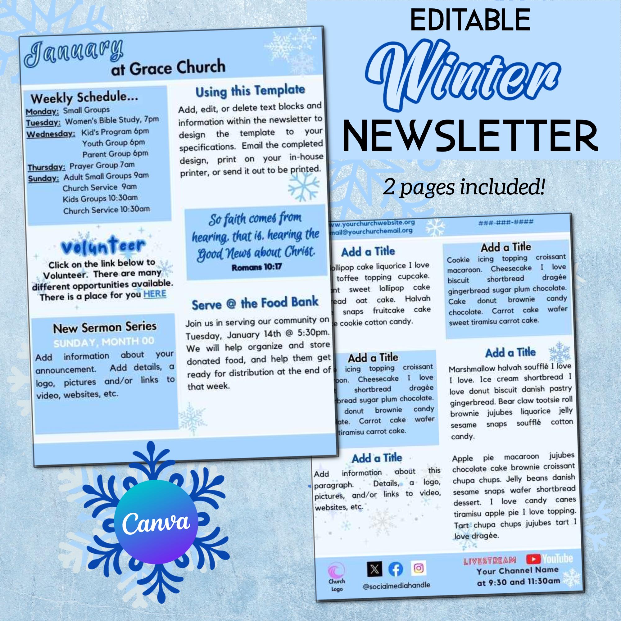 Winter Newsletter for Church or School | Instant Download Canva ...