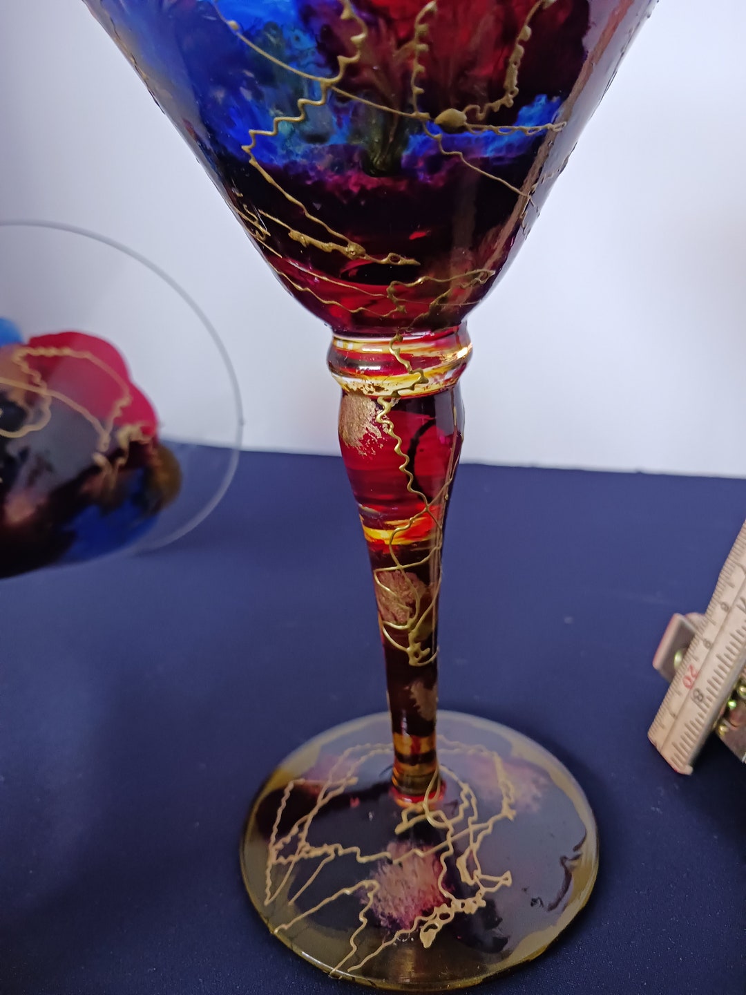 Hand Painted Romanian Art Glass Tall Colorful Martini Glass With Gold ...
