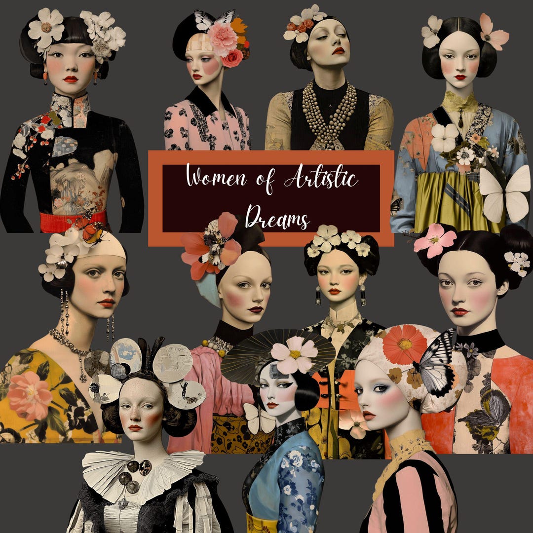 Whimsical Ladies Portraits Clipart: Floral Mixed Media (64 Pngs)- Women ...