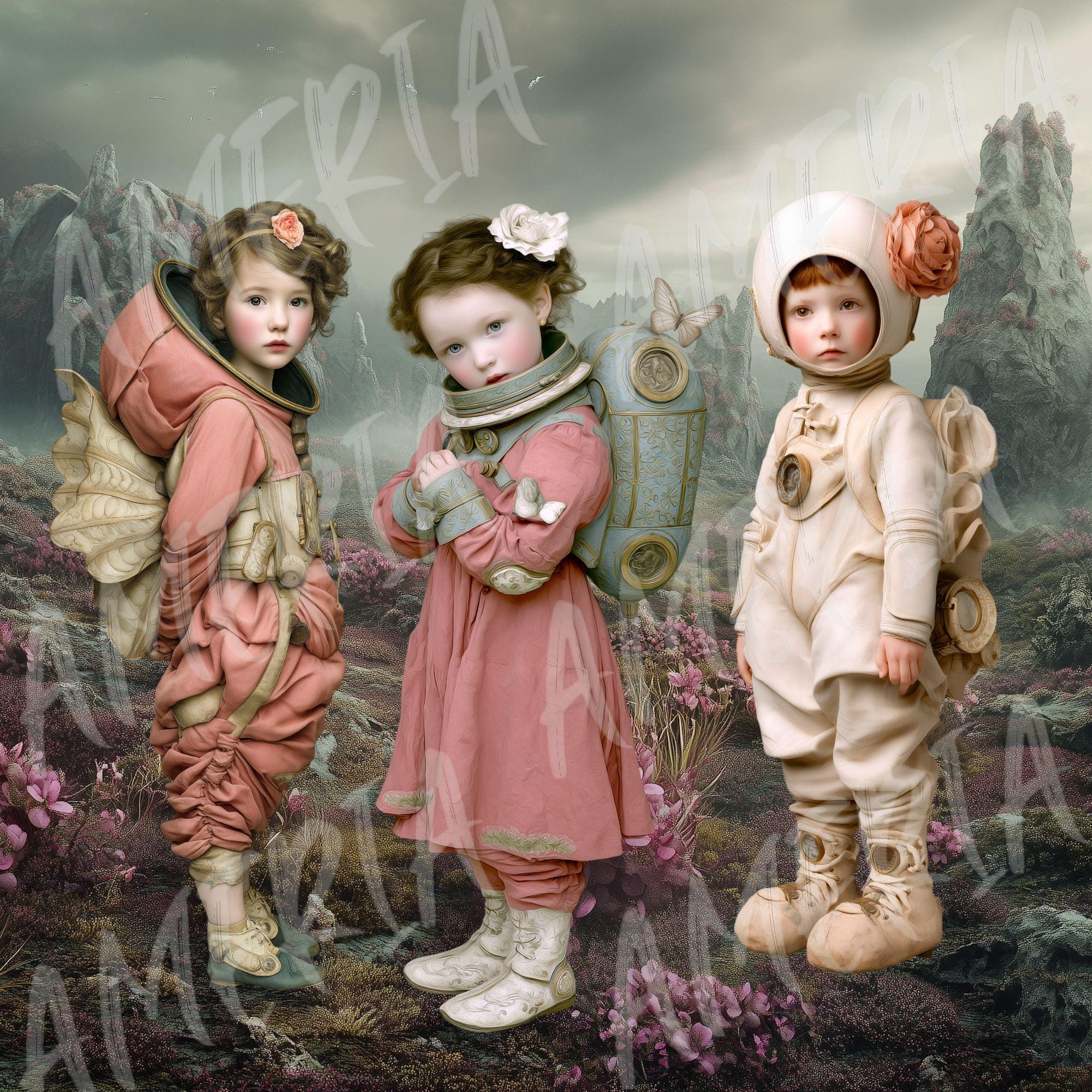 Steampunk Space Kids Clipart: Retro Astronauts, Fantasy Backgrounds ...