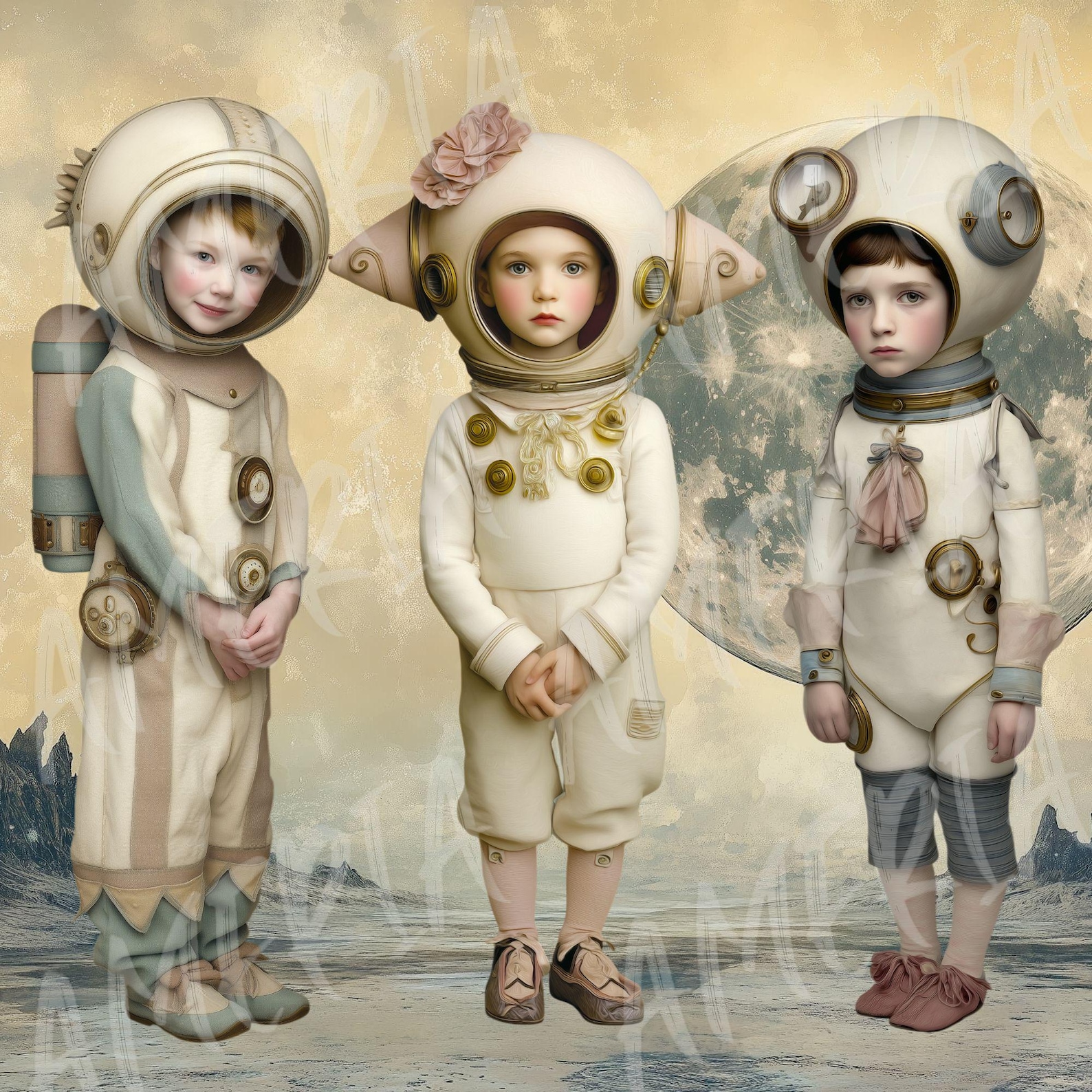 Steampunk Space Kids Clipart: Retro Astronauts, Fantasy Backgrounds ...