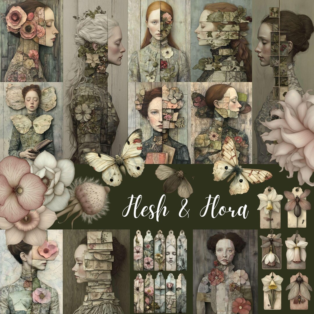 Flesh & Flora Surreal Art: Botanical Collage Papers, Tags (digital ...