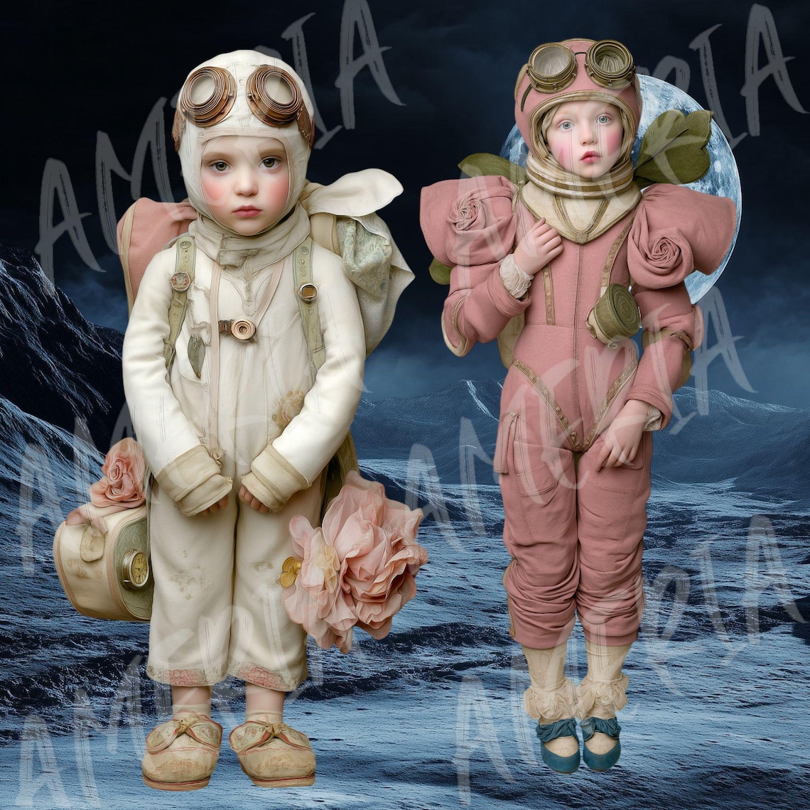 Steampunk Space Kids Clipart: Retro Astronauts, Fantasy Backgrounds ...