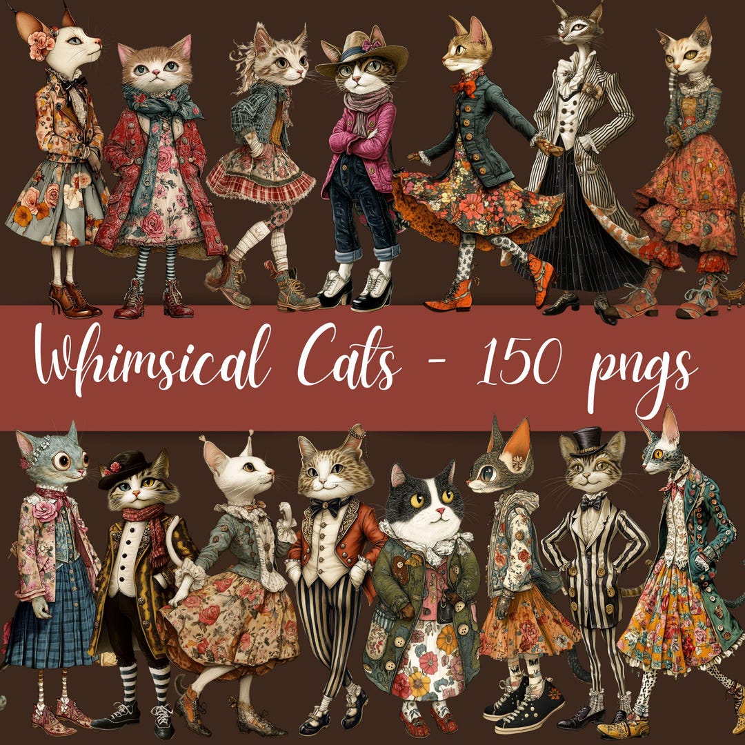 Whimsical Cat Clipart: 150+ Quirky Kitten Graphics (digital Art, Pngs ...