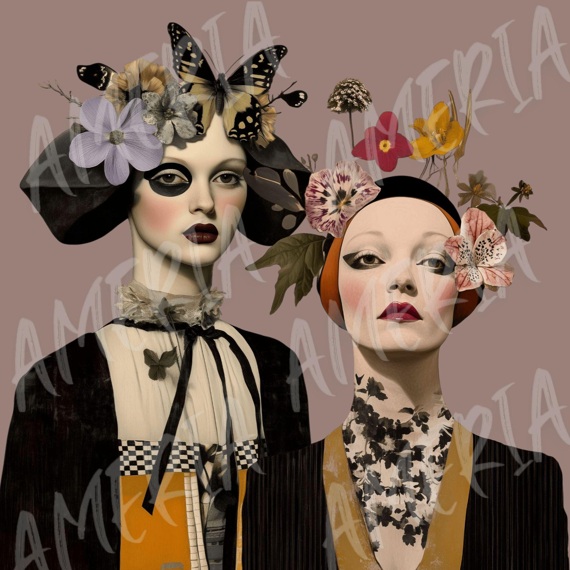 Whimsical Ladies Portraits Clipart: Floral Mixed Media (64 Pngs)- Women ...